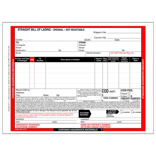 Hazardous Materials Straight Bill Of Lading 5 Entry Lines 