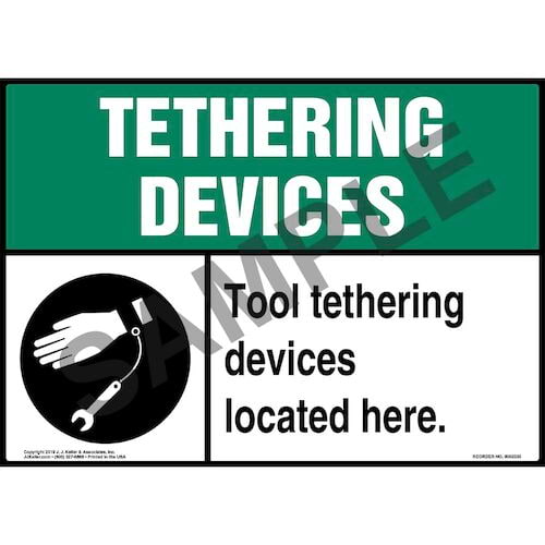 Tool Tethering Devices Located Here Sign with Icon - ANSI