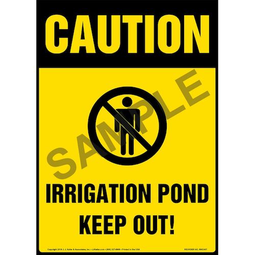 Caution: Irrigation Pond, Keep Out Sign with Icon - OSHA, Long Format