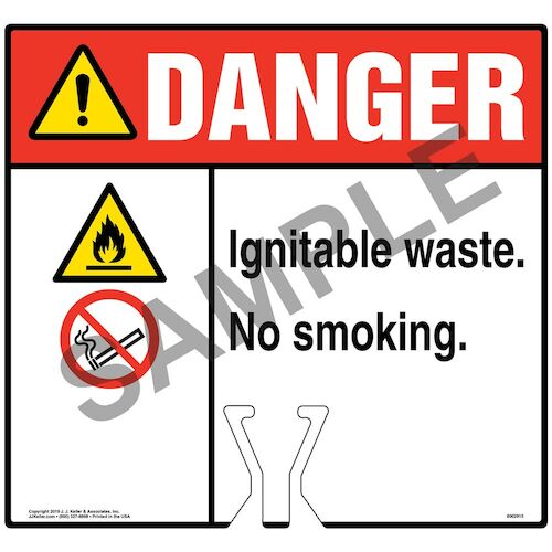 Cone Topper Sign - Danger: Ignitable Waste No Smoking Sign with Icons ...
